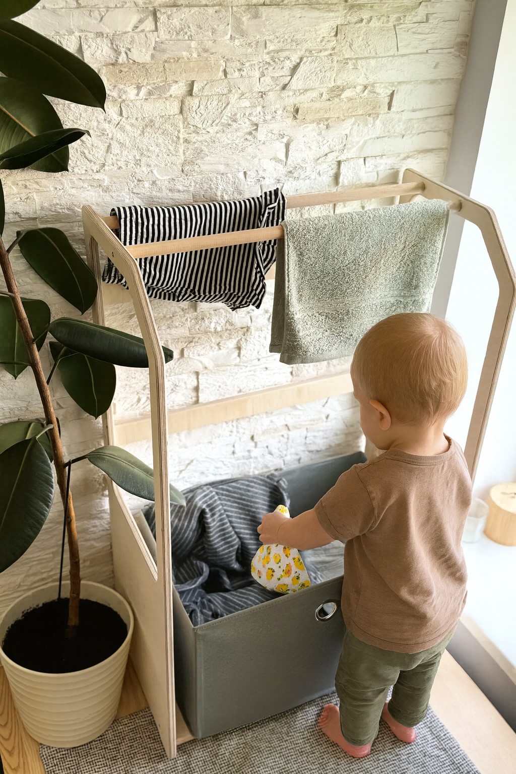 Montessori Wooden Clothes Drying Rack with Storage for Kids | Hertwill